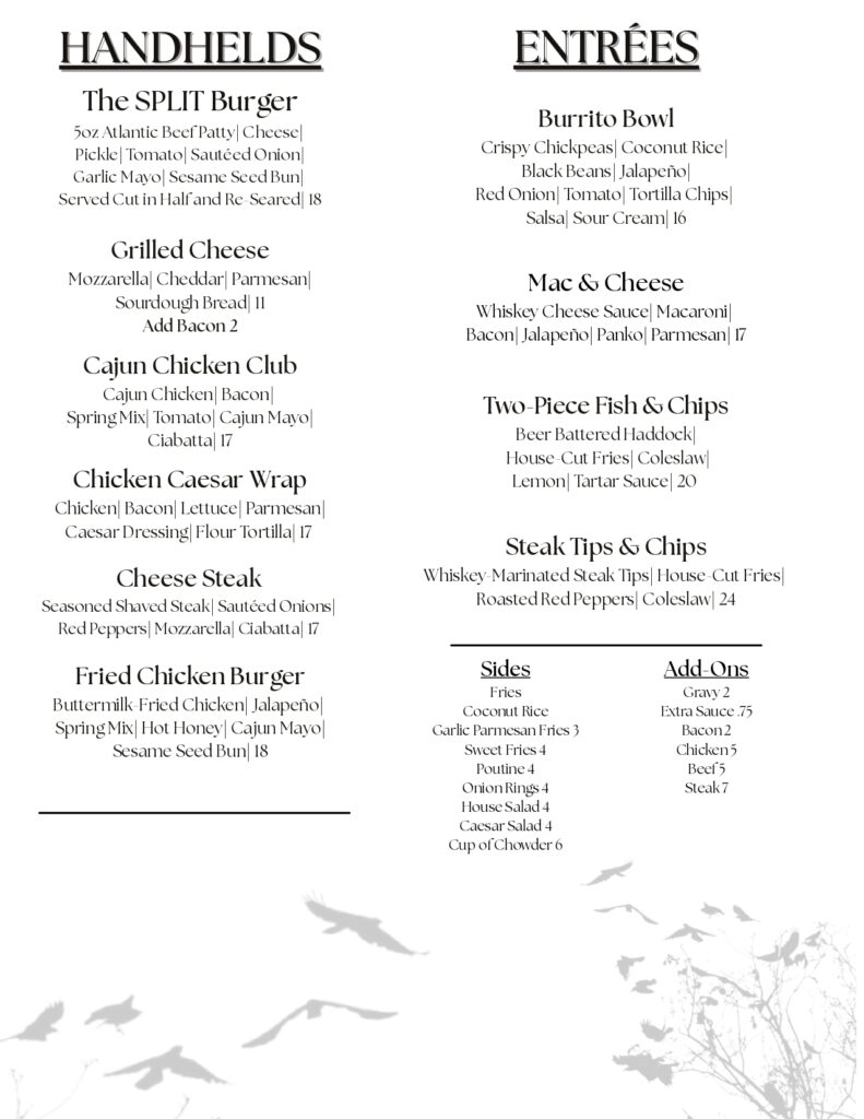 Main Menu – Classic Pub Food & Drinks at Split Crow Pub